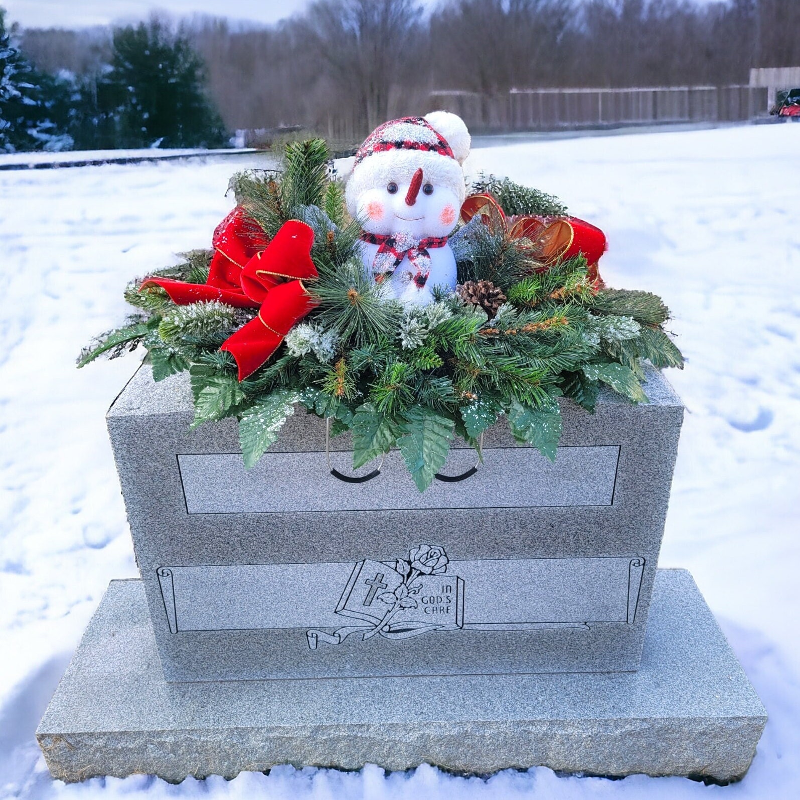 This Chubby Snowman Christmas Cemetery Saddle Has Greenery and a Red ...