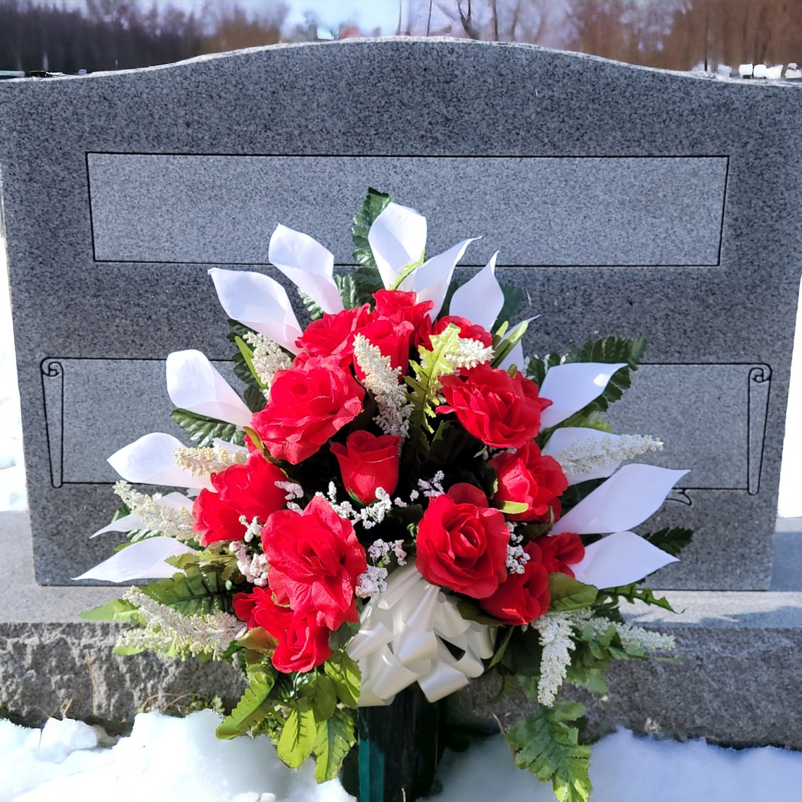 This Jumbo Cemetery Cone Has Grave Flowers Including White Calla Lilies ...