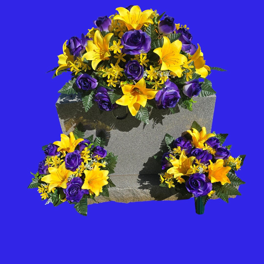 Purple Rose Yellow Lily Headstone Saddle Set: Grave Memorial Decoration ...