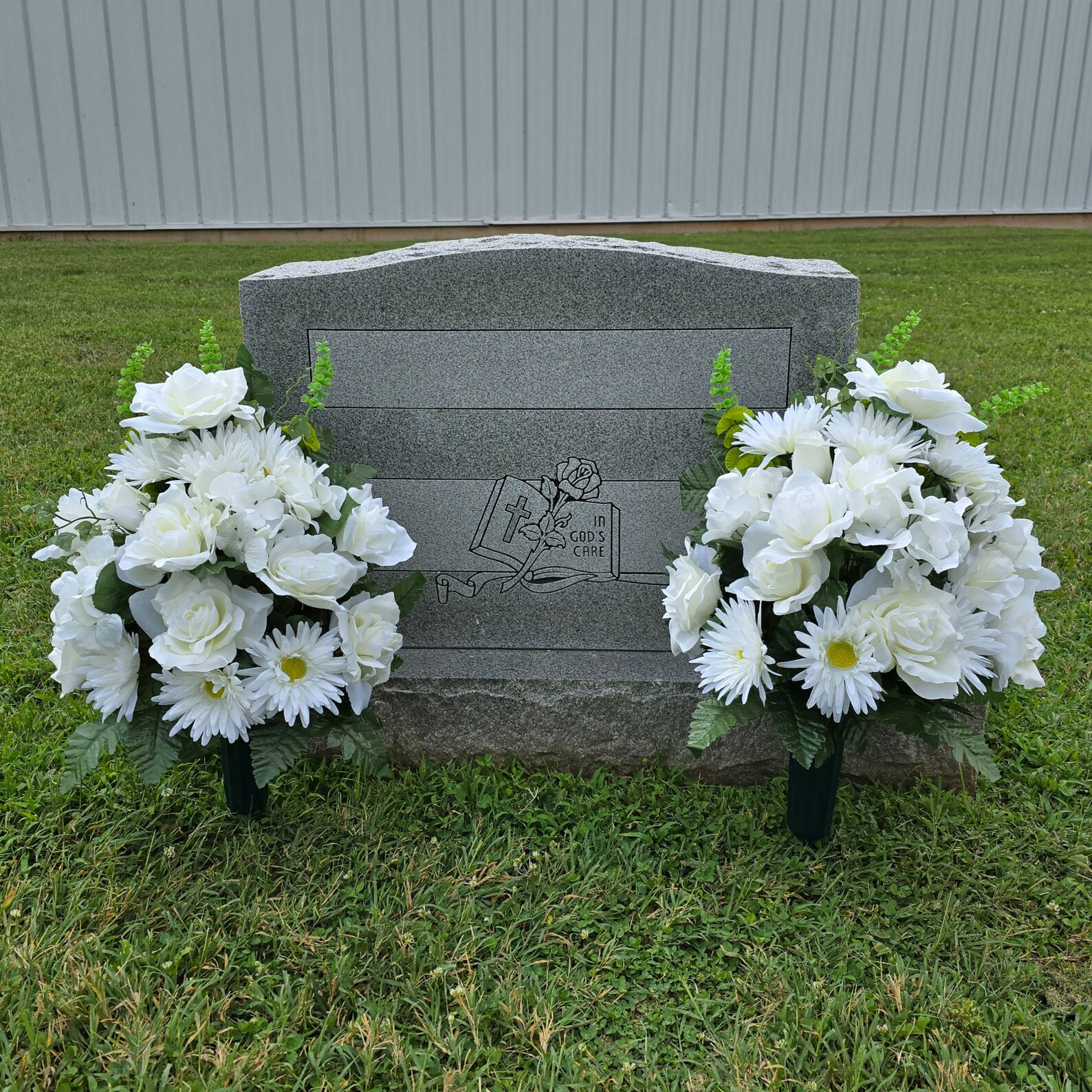 This Cemetery Cone Pair Has Cream Rose, White Gerbera Daisies ...