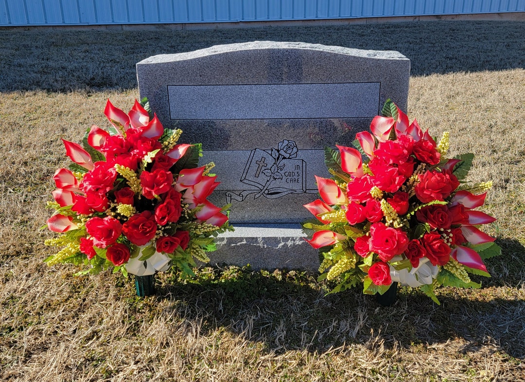 This Jumbo Cemetery Cone Pair Has Grave Flowers Including Red Roses ...