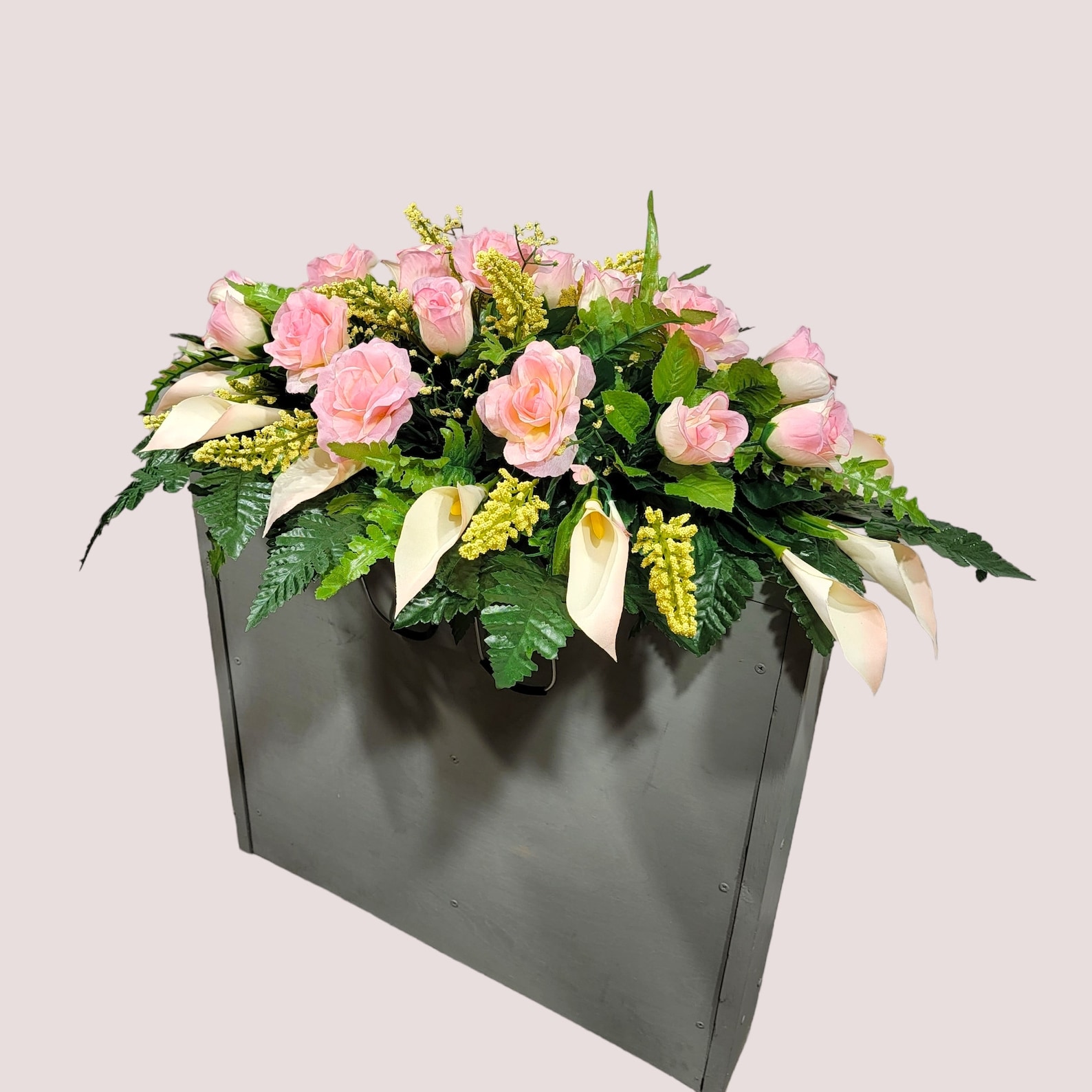 This Headstone Saddle Has Silk Grave Flowers Including Cream Pink Calla ...