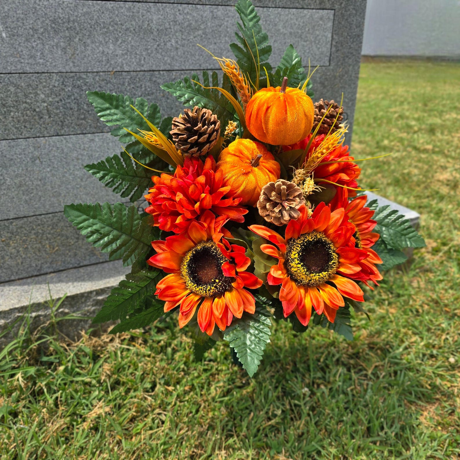 A Fall Memorial Decoration Cemetery Cone Orange Sunflower and Mum Grave ...