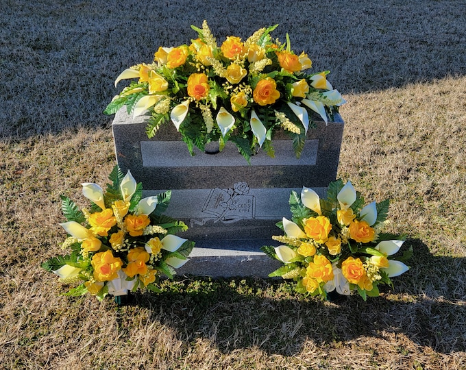 This Headstone Saddle and Cemetery Cone Set Has Silk Grave Flowers ...
