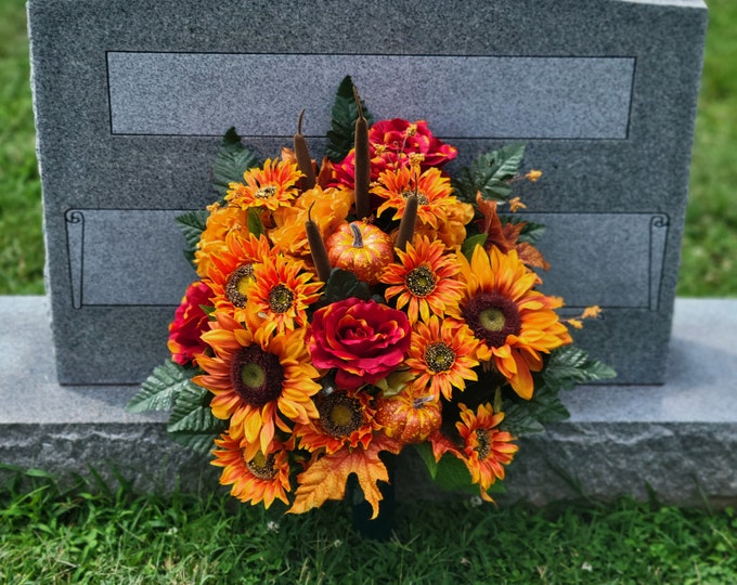 This Cemetery Cone Has Grave Flowers Including Mums and 2 Tone Orange ...