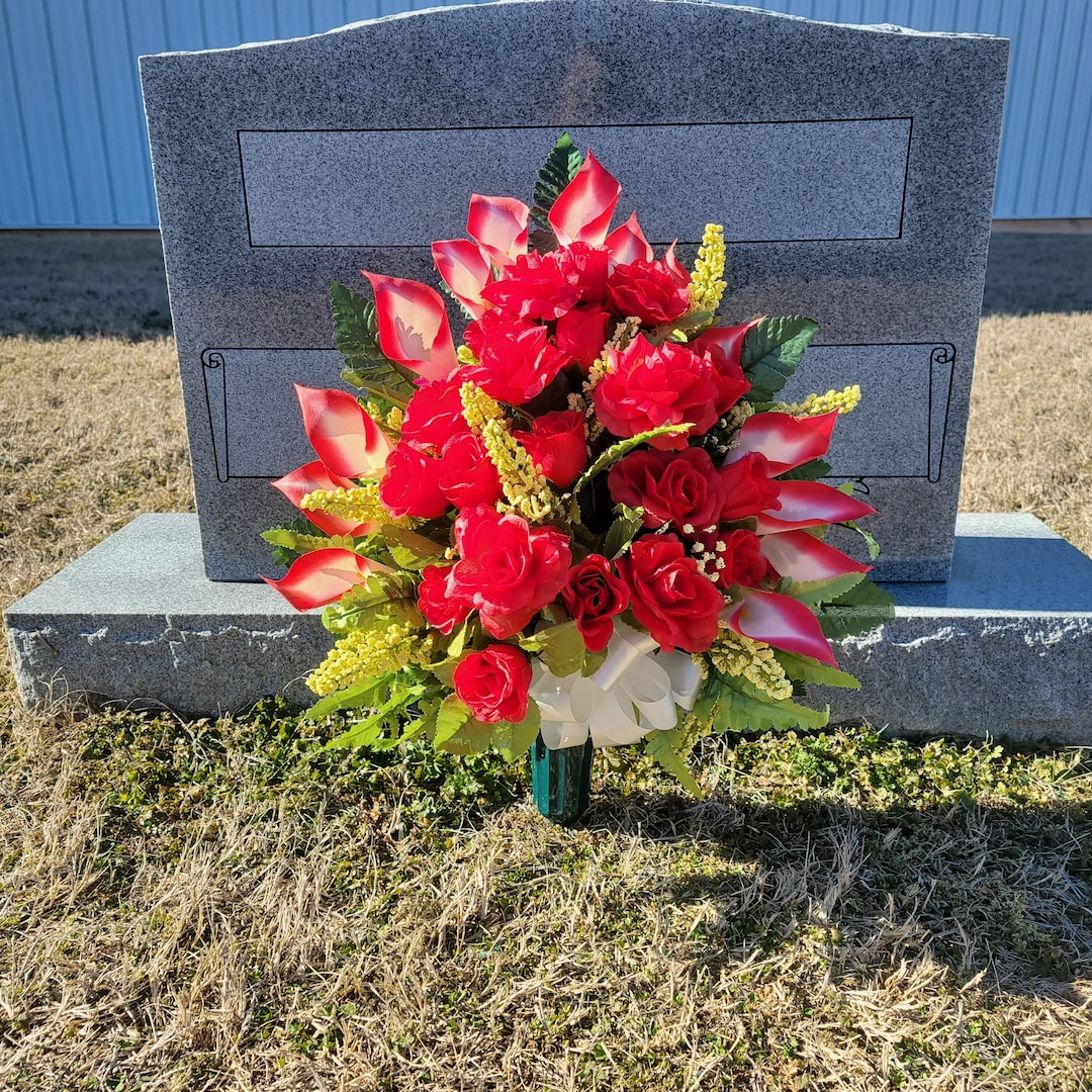 This Jumbo Cemetery Cone Has Grave Flowers Including Red Roses & Calla ...