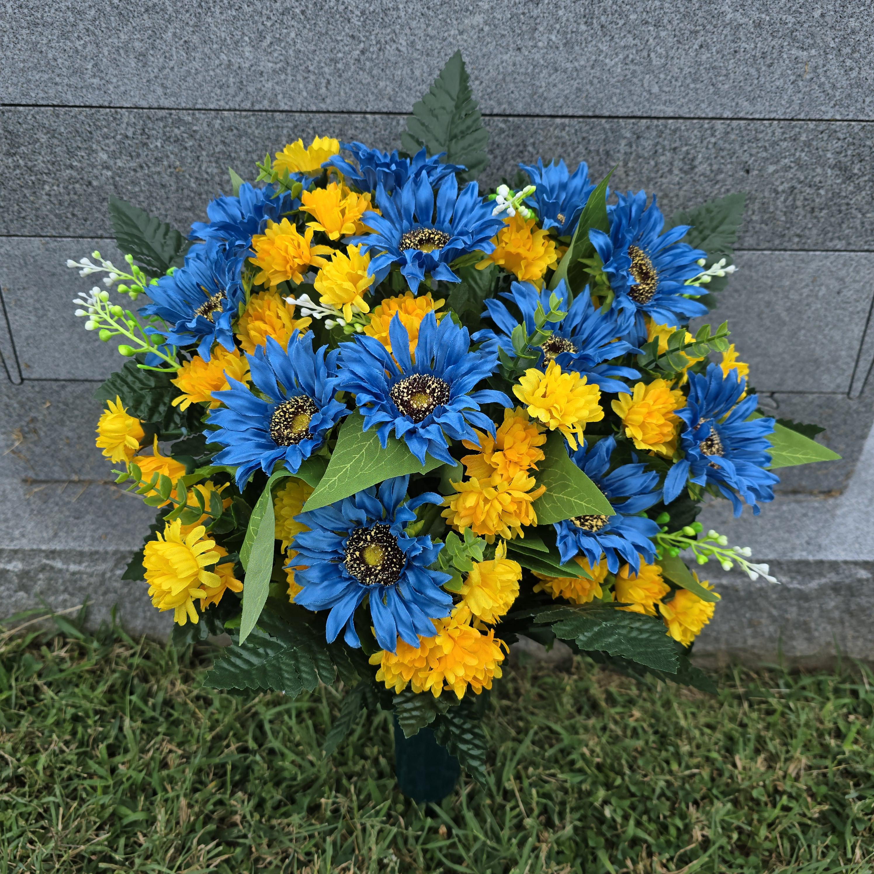 This Cemetery Cone Has Grave Flowers Including Mini Blue Sunflowers and ...