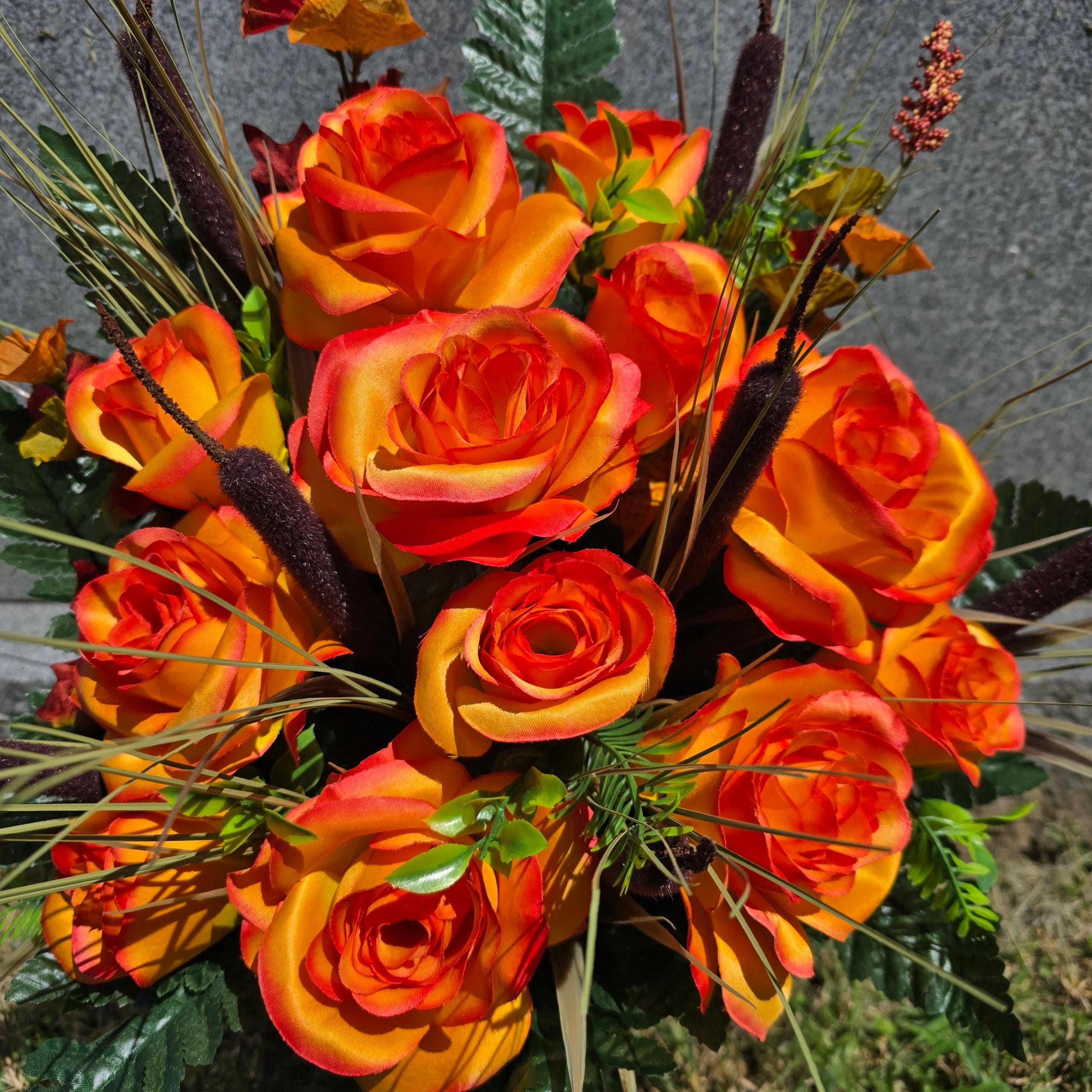 A Fall Memorial Decoration Cemetery Cone Orange Rose Grave Flowers With ...