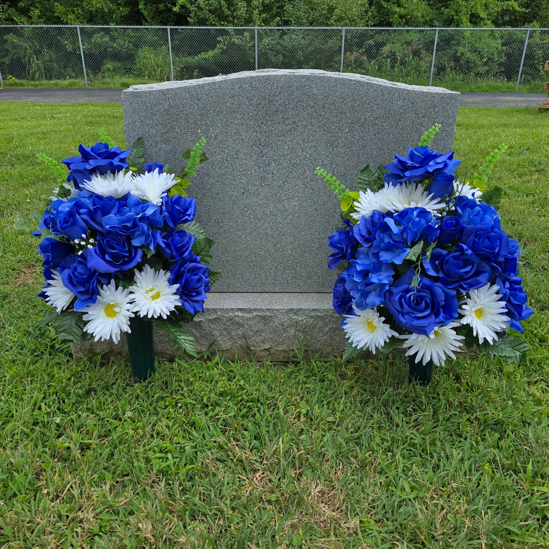 This Cemetery Cone Pair Has Blue Rose, White Gerbera Daisies, Hydrangea ...