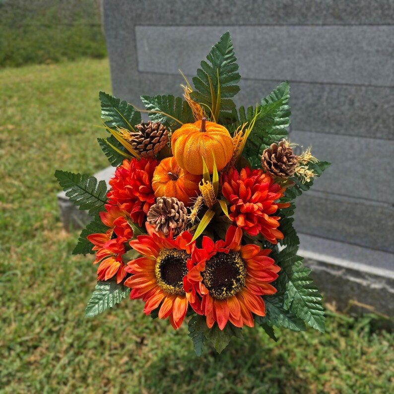 A Fall Memorial Decoration Cemetery Cone Orange Sunflower and Mum Grave ...