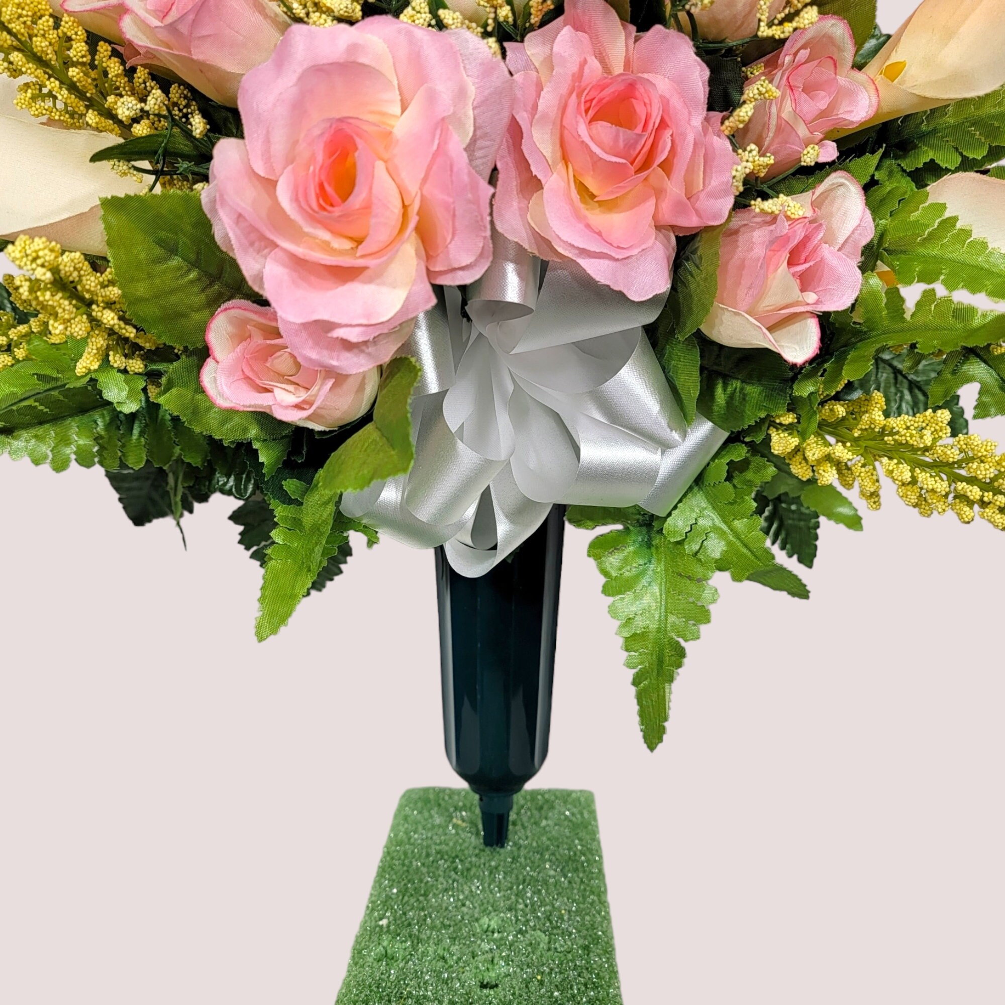 This Jumbo Cemetery Cone Has Grave Flowers Including Cream Pink Calla ...