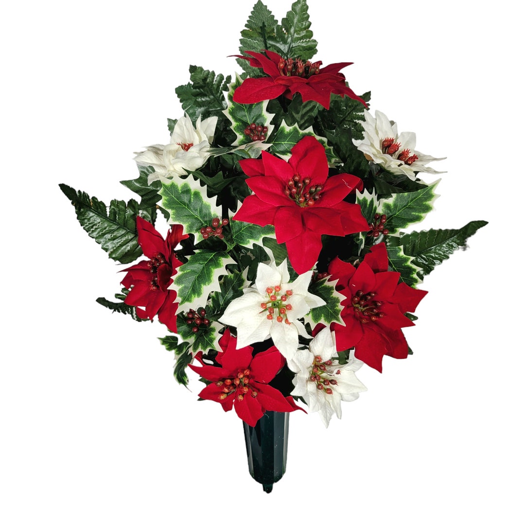 This Cemetery Cone Has Red & White Poinsettia Grave Flowers. It's ...