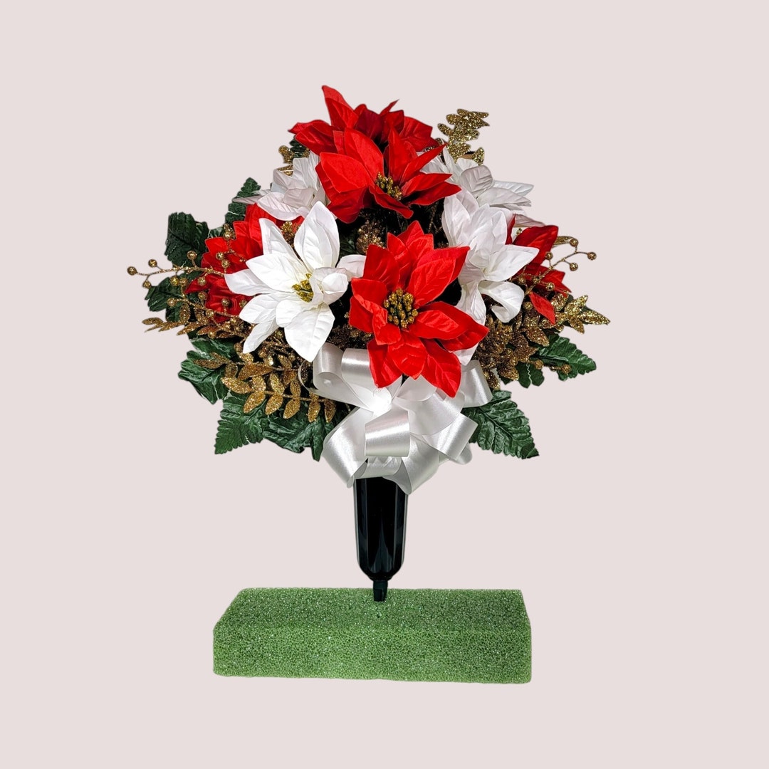 This Cemetery Cone Has Red & White Poinsettia Grave Flowers With Gold ...