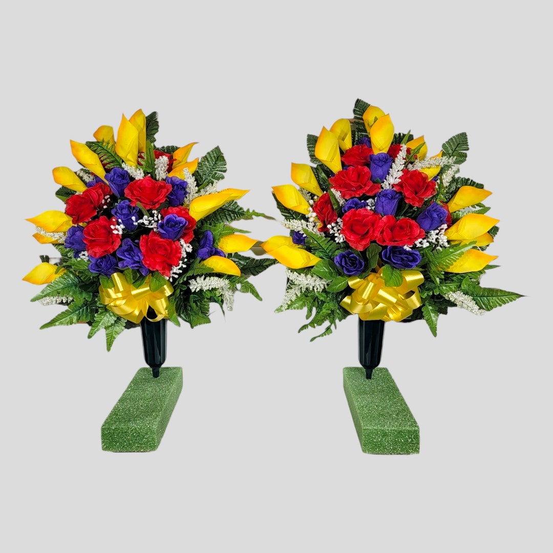 This Jumbo Cemetery Cone Pair Has Nice Flowers Including Multicolored ...
