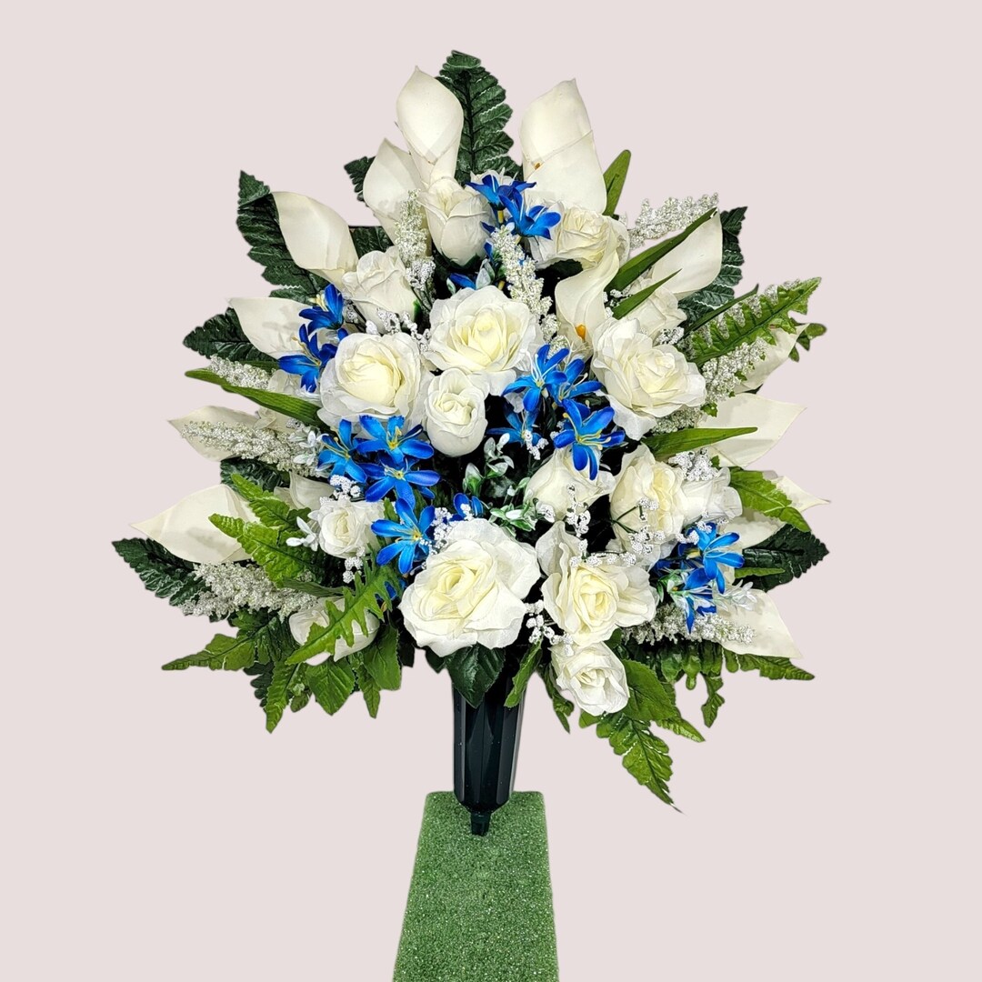 This Jumbo Cemetery Cone Has Grave Flowers Including Cream Calla Lily ...
