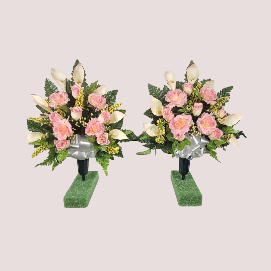 This Cemetery Cone Pair Has Grave Flowers Including Cream Pink Calla ...