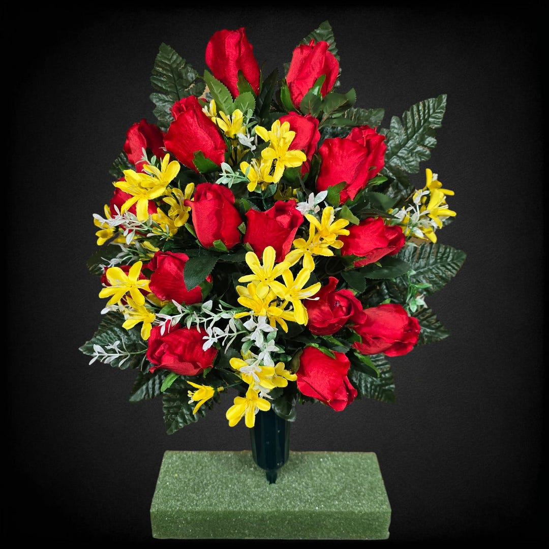 This Cemetery Cone Has Elegant Red Rosebud Grave Flowers and Yellow ...