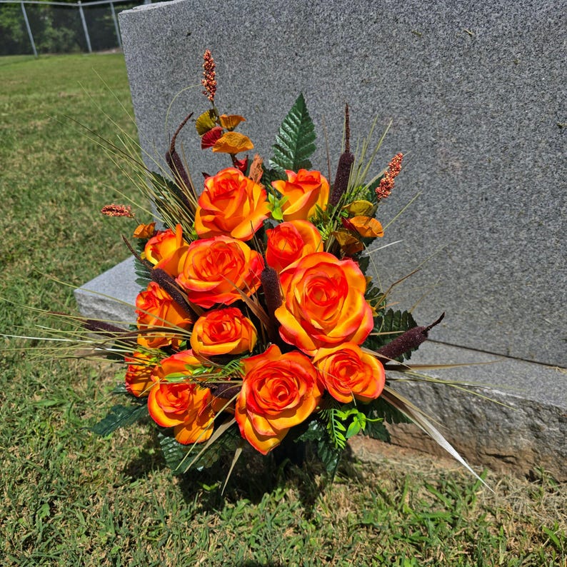 A Fall Memorial Decoration Cemetery Cone Orange Rose Grave Flowers With ...