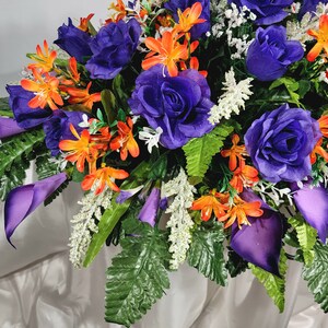 This is a Purple Calla Lily/rose Headstone Saddle With Orange Tweedia ...