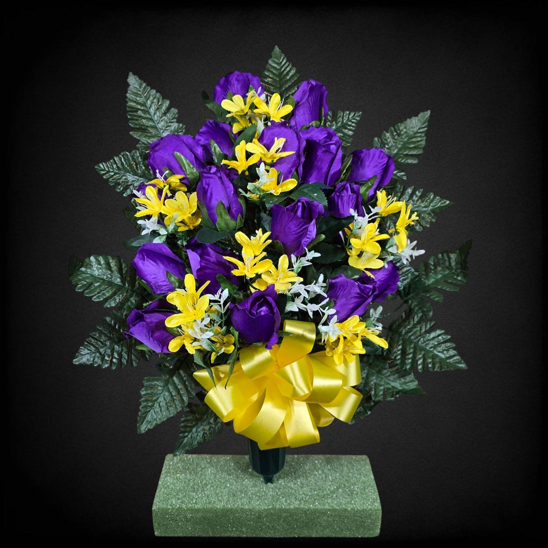 This Cemetery Cone Has Elegant Purple Rosebud Grave Flowers and Yellow ...