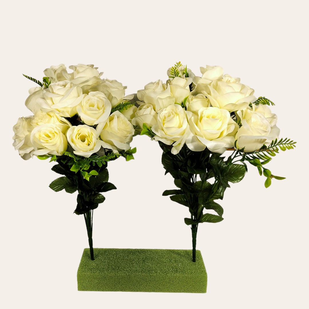 2 Artificial Flowering Bushes 21 Tall Cream Rose Bush With 12 Blooms ...