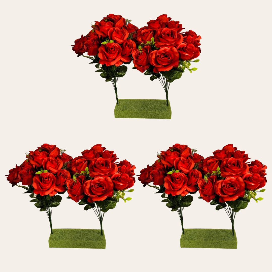Set of 6 Artificial Flowering Bushes 21" Tall Red Rose Bush With 12 ...