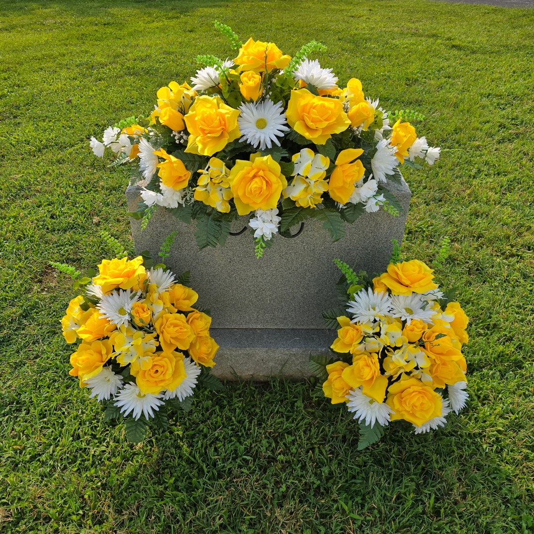 This Headstone Saddle and Cemetery Cone Set Has Yellow Roses, White ...