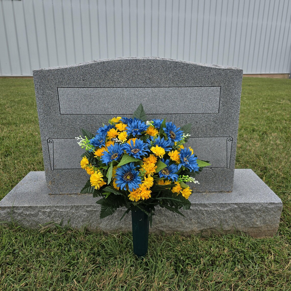 This Cemetery Cone Has Grave Flowers Including Mini Blue Sunflowers and ...
