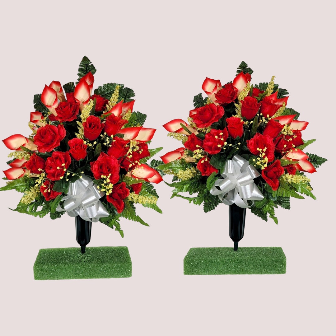 This Jumbo Cemetery Cone Pair Has Grave Flowers Including Red - Etsy