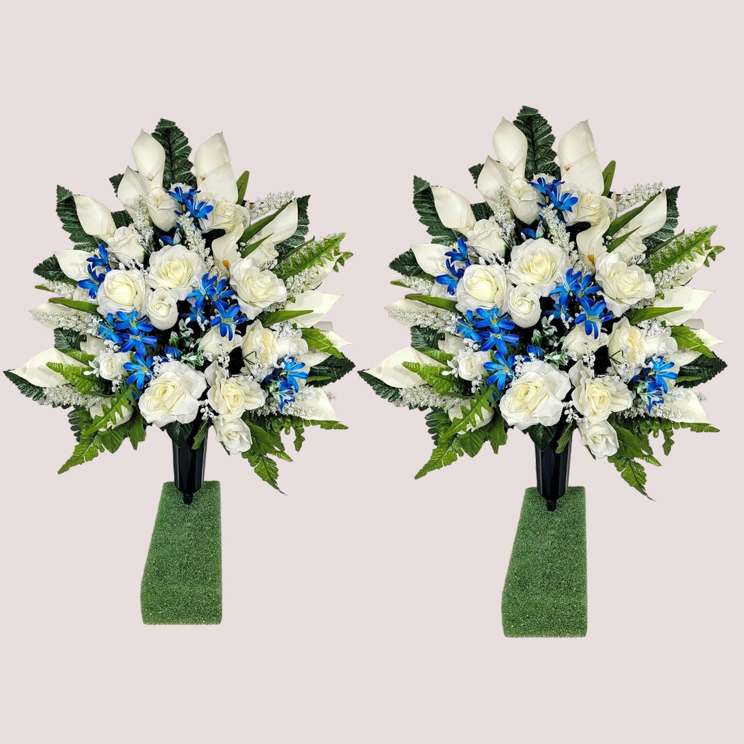 This Jumbo Cemetery Cone Pair Has Grave Flowers Including Cream Calla ...