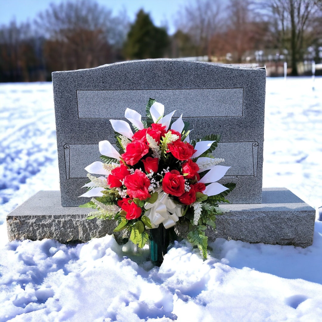 This Jumbo Cemetery Cone Has Grave Flowers Including White Calla Lilies ...