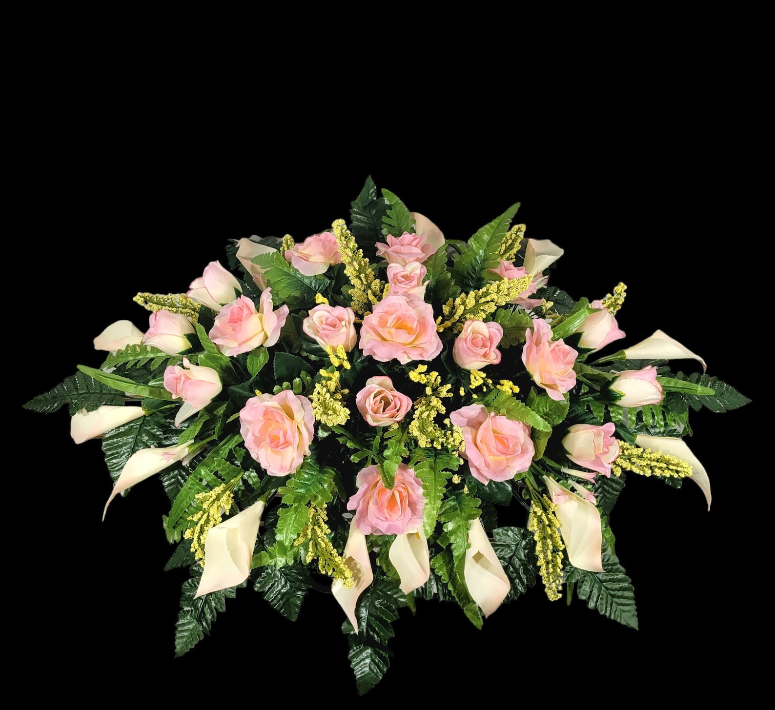 This Headstone Saddle Has Silk Grave Flowers Including Cream Pink Calla ...