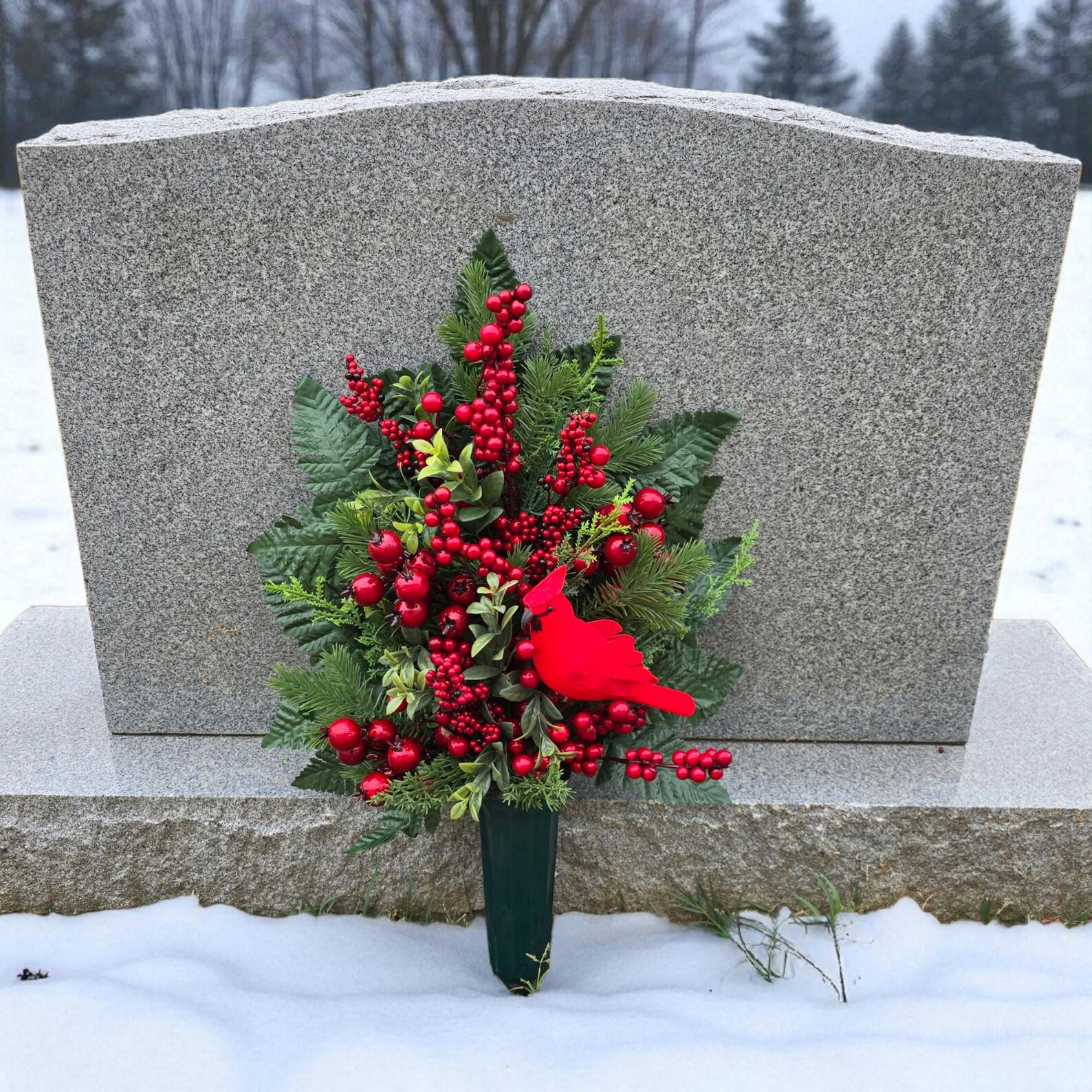 This Cemetery Cone Has Grave Flowers Including Red Berries, Winter Pine ...