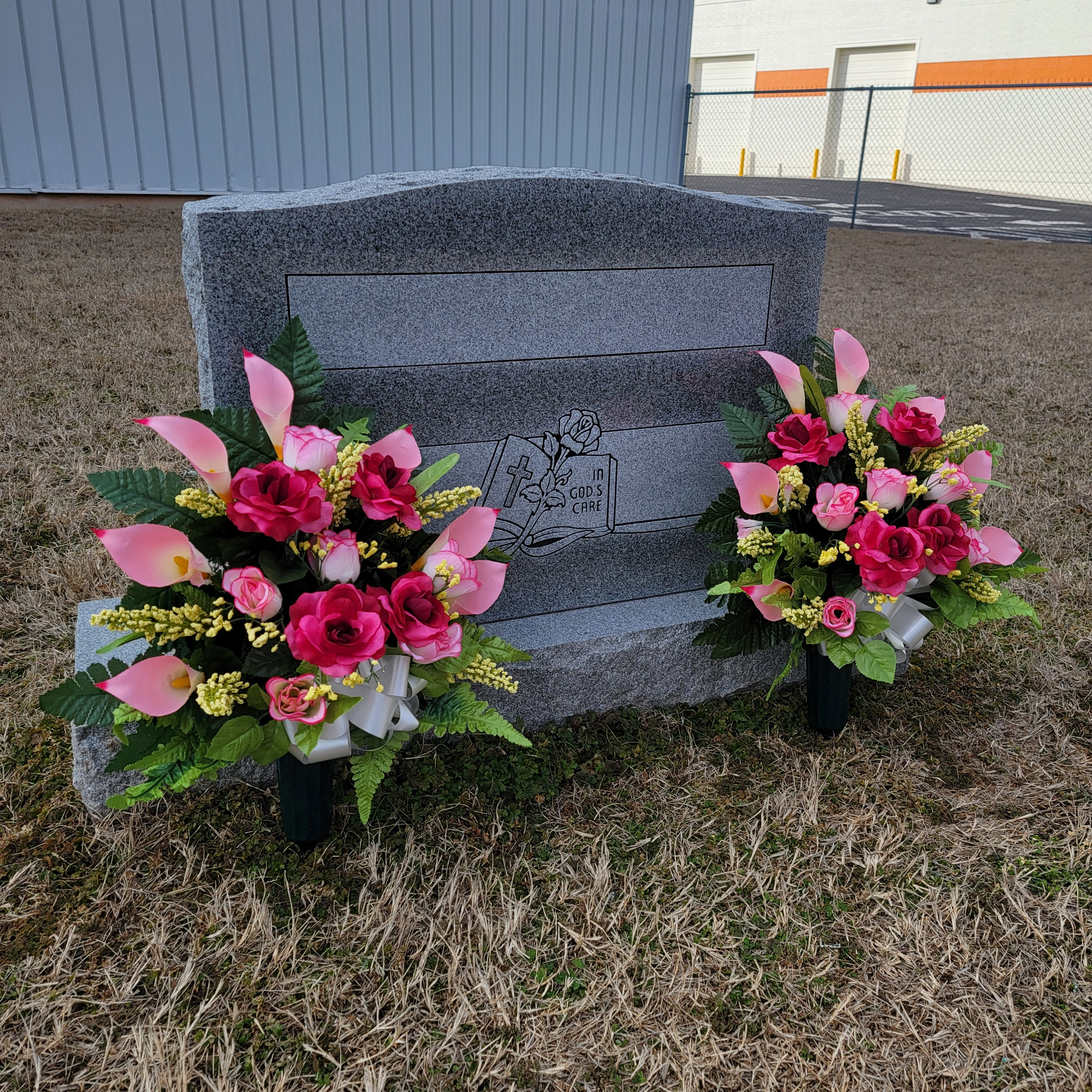 This Cemetery Cone Pair Has Grave Flowers Including Beauty Pink Calla ...