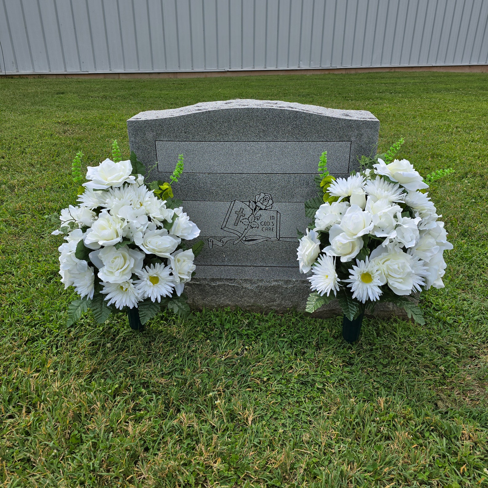 This Cemetery Cone Pair Has Cream Rose, White Gerbera Daisies ...