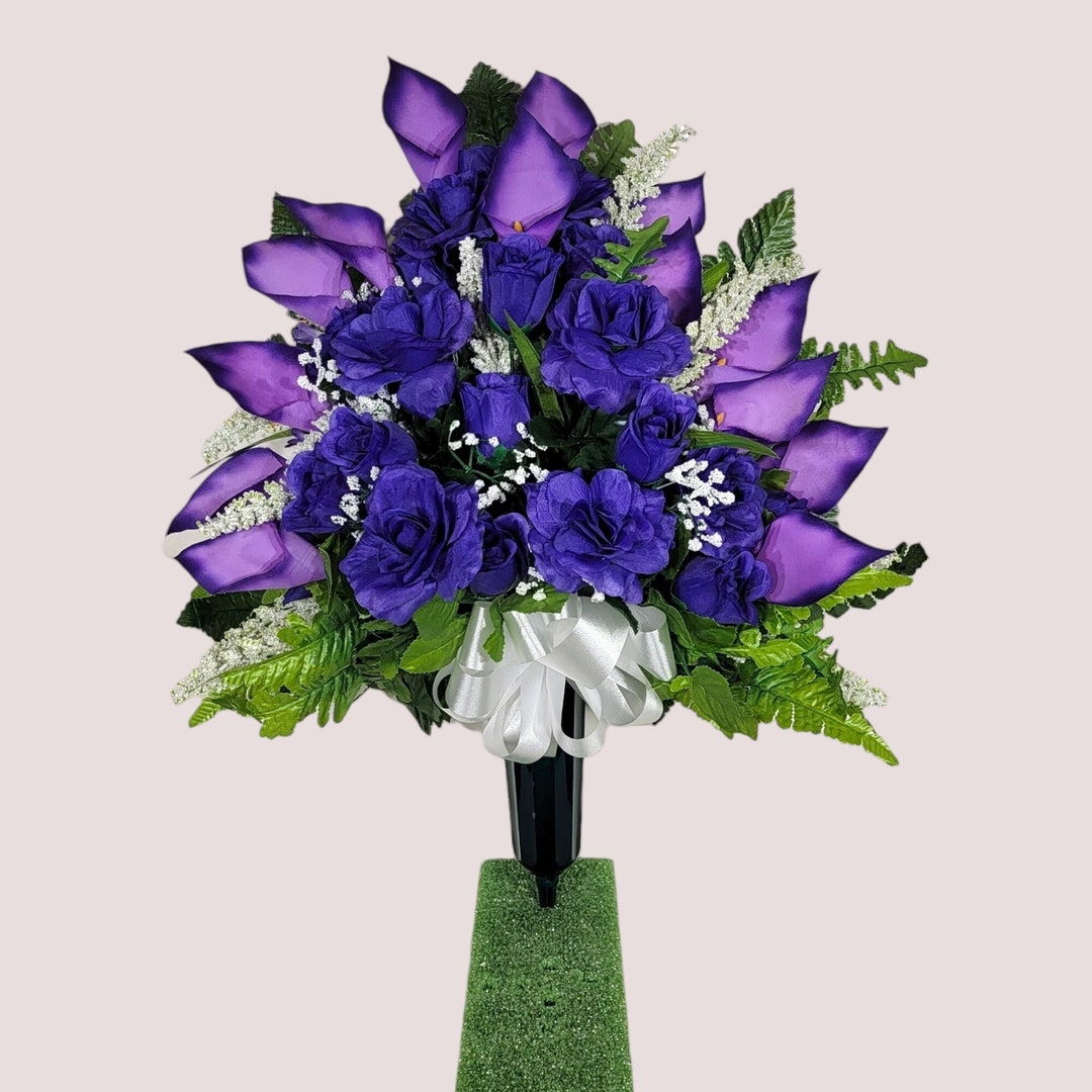 This Jumbo Cemetery Cone Has Grave Flowers Including Purple Calla ...