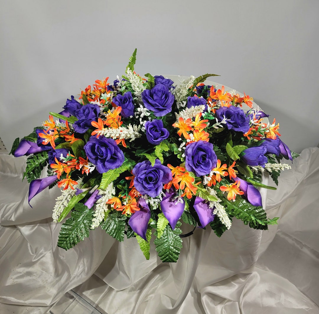 This is a Purple Calla Lily/rose Headstone Saddle With Orange Tweedia ...