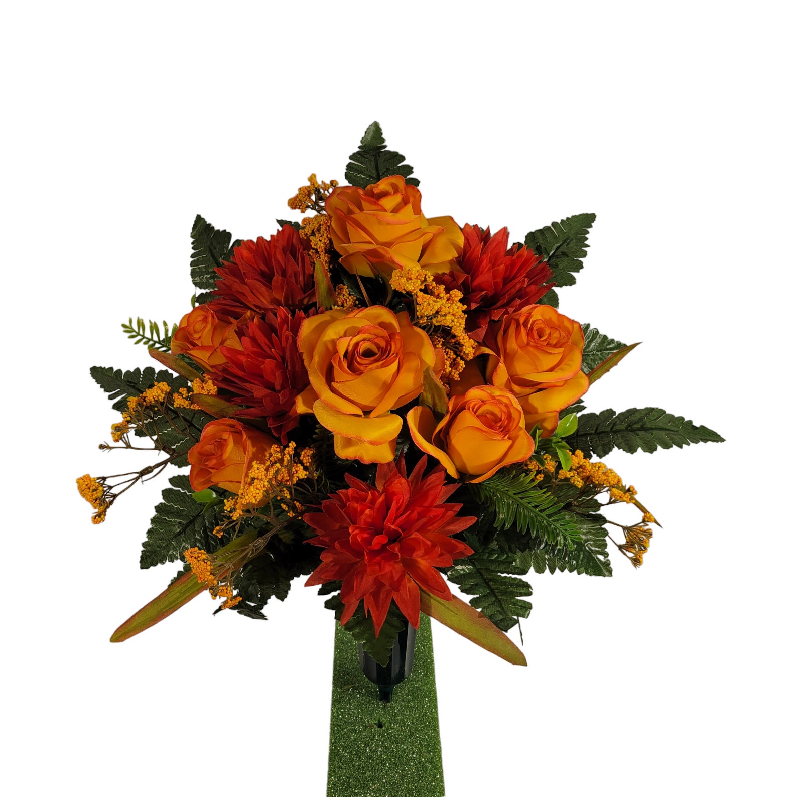 This Cemetery Cone Has Grave Flowers Including Mums and 2 Tone Orange ...