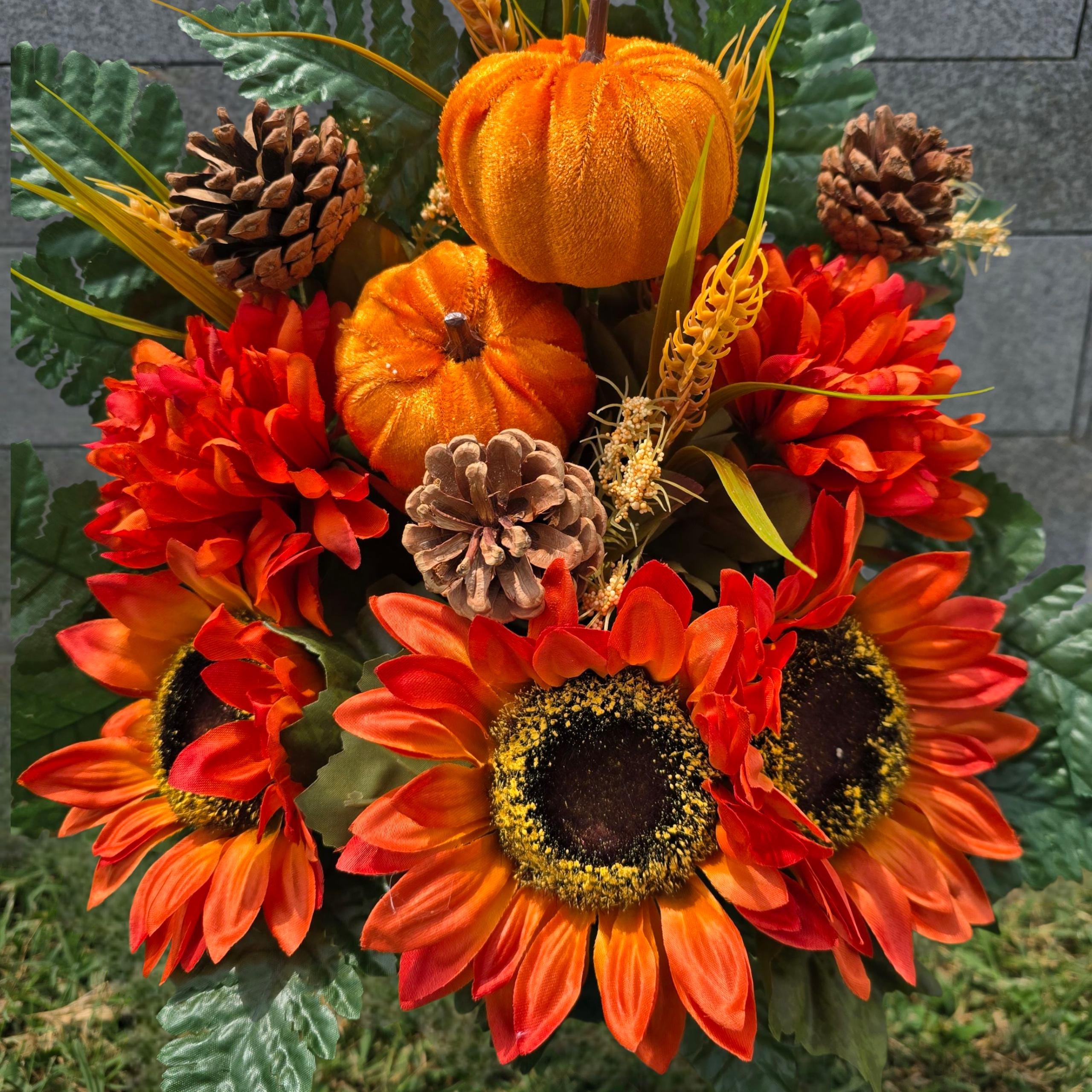 A Fall Memorial Decoration Cemetery Cone Orange Sunflower and Mum Grave ...