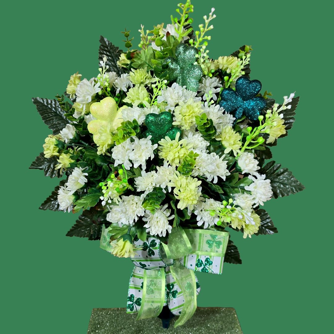 St Patrick's Day Cemetery Cone, Cream & Green Grave Flowers, Shamrock ...