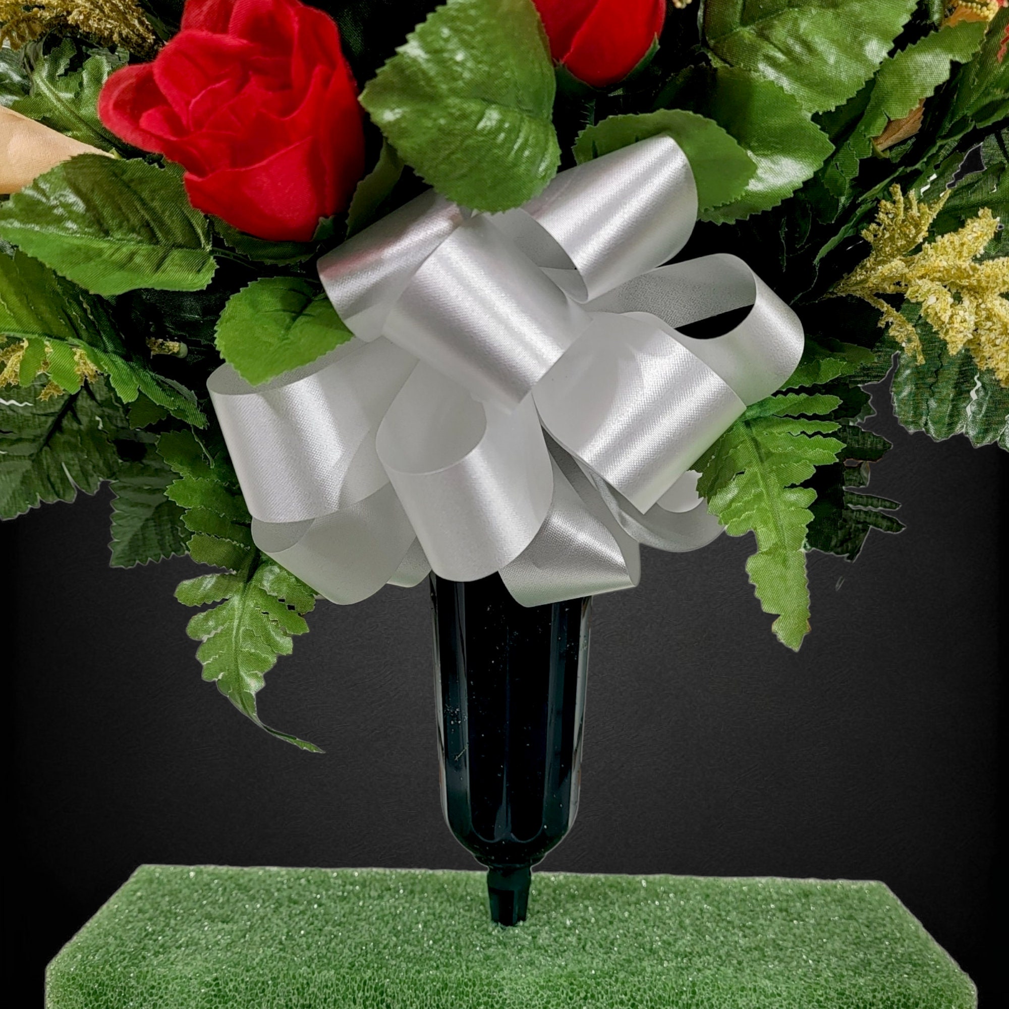 This Headstone Saddle and Memorial Cone Set Has Silk Grave Flowers ...
