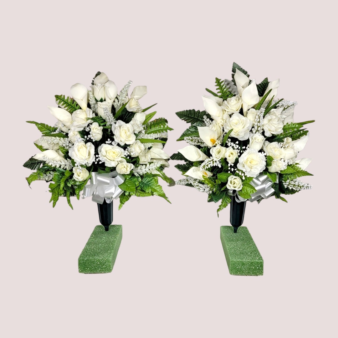 This Jumbo Cemetery Cone Pair Has Grave Flowers Including Cream Calla ...