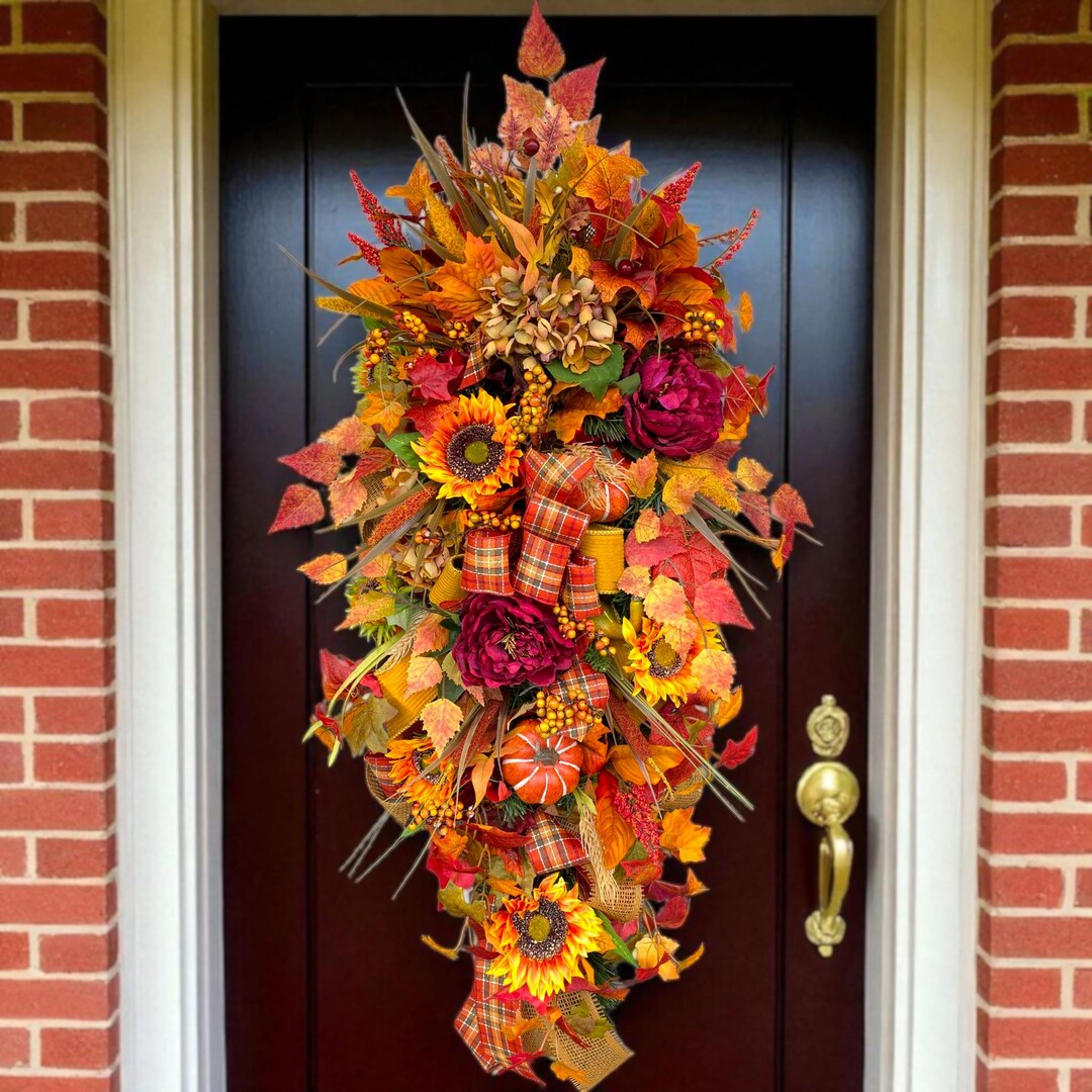 This Fall Front Door Wreath Swag Has Sunflowers, Pumpkins, Autumn ...