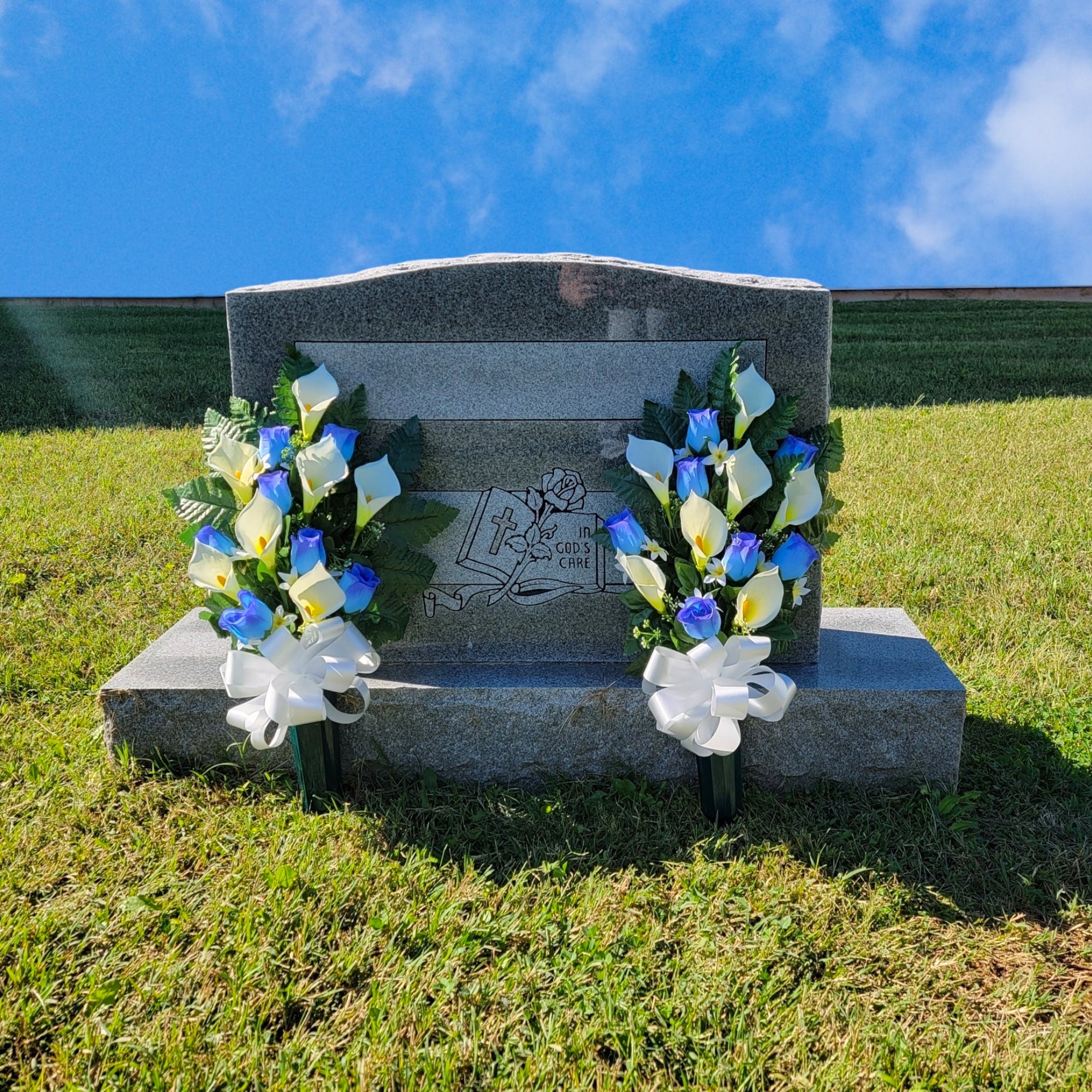 This Headstone Saddle and Cemetery Cone Pair Set Has Silk Grave Flowers ...
