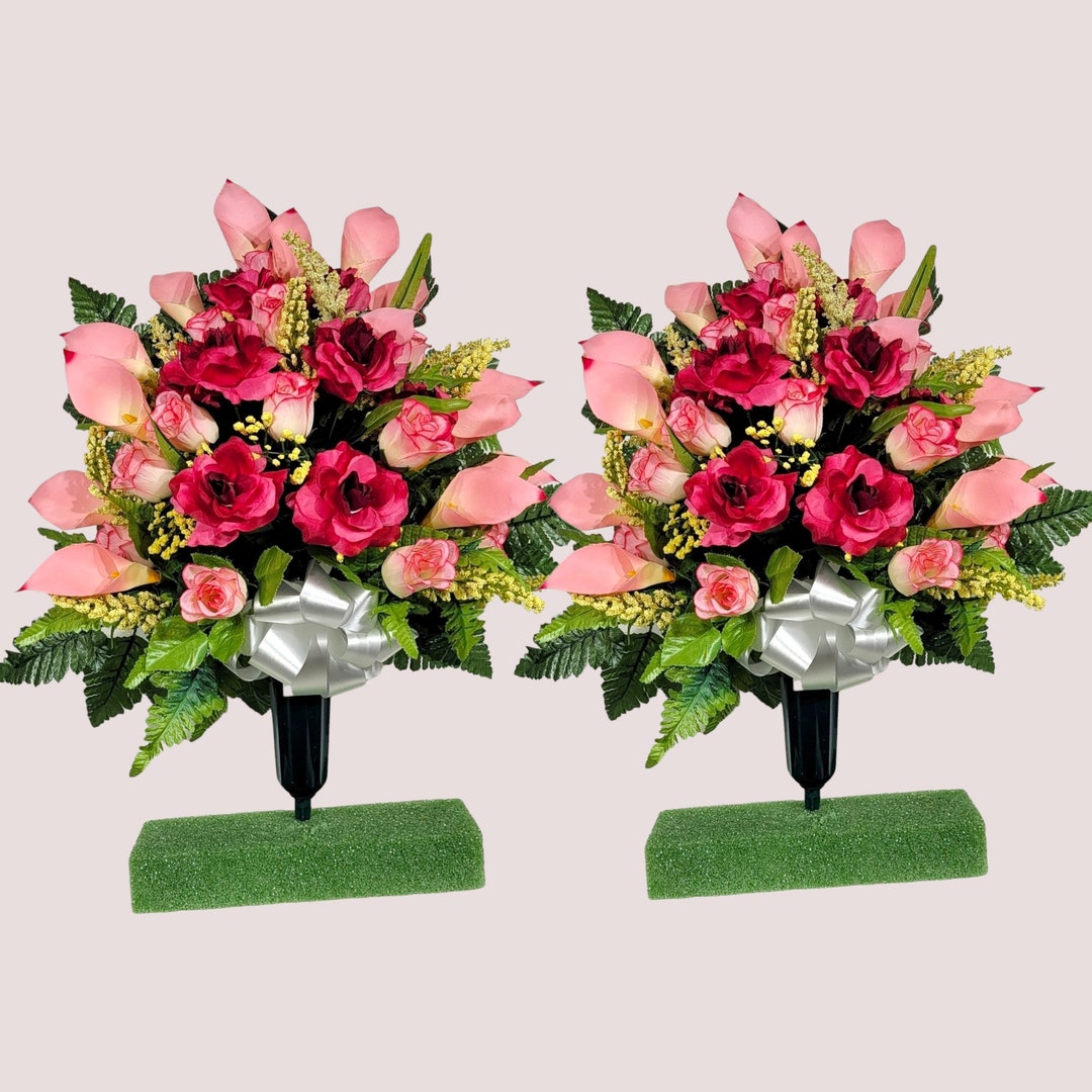 This Jumbo Cemetery Cone Pair Has Grave Flowers Including Beauty Pink ...
