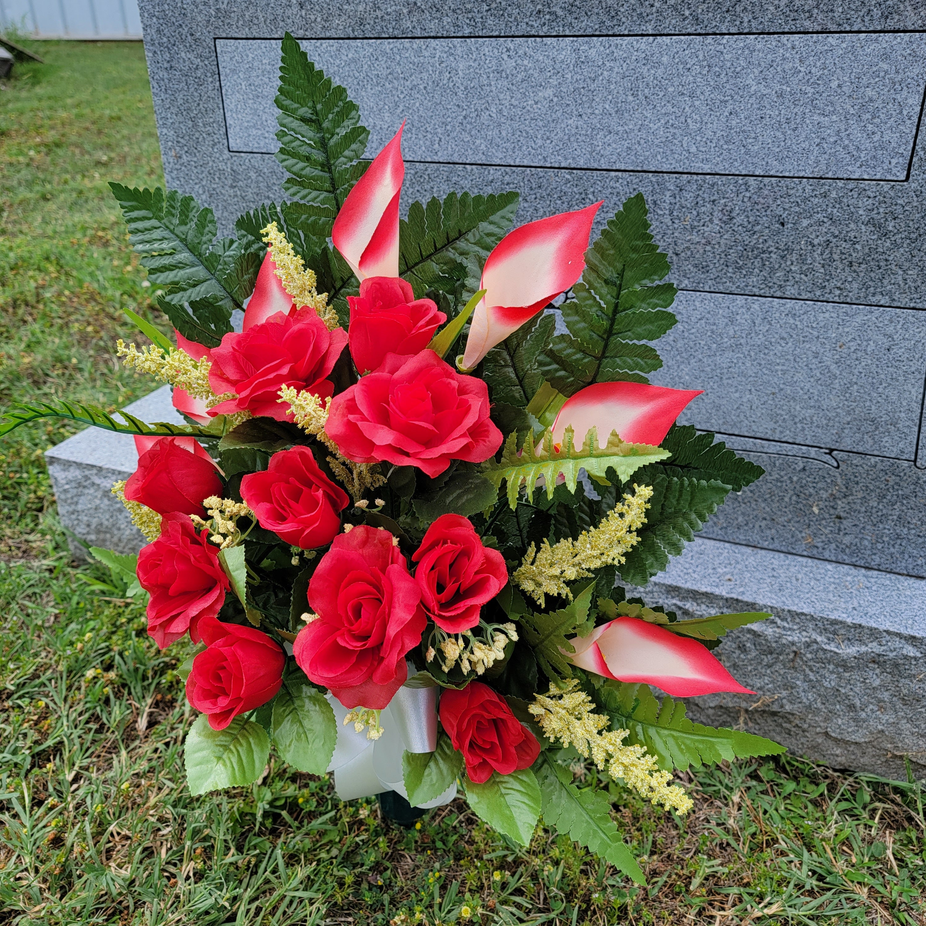 This Cemetery Cone Has Grave Flowers Including Red Calla Lily and Roses ...