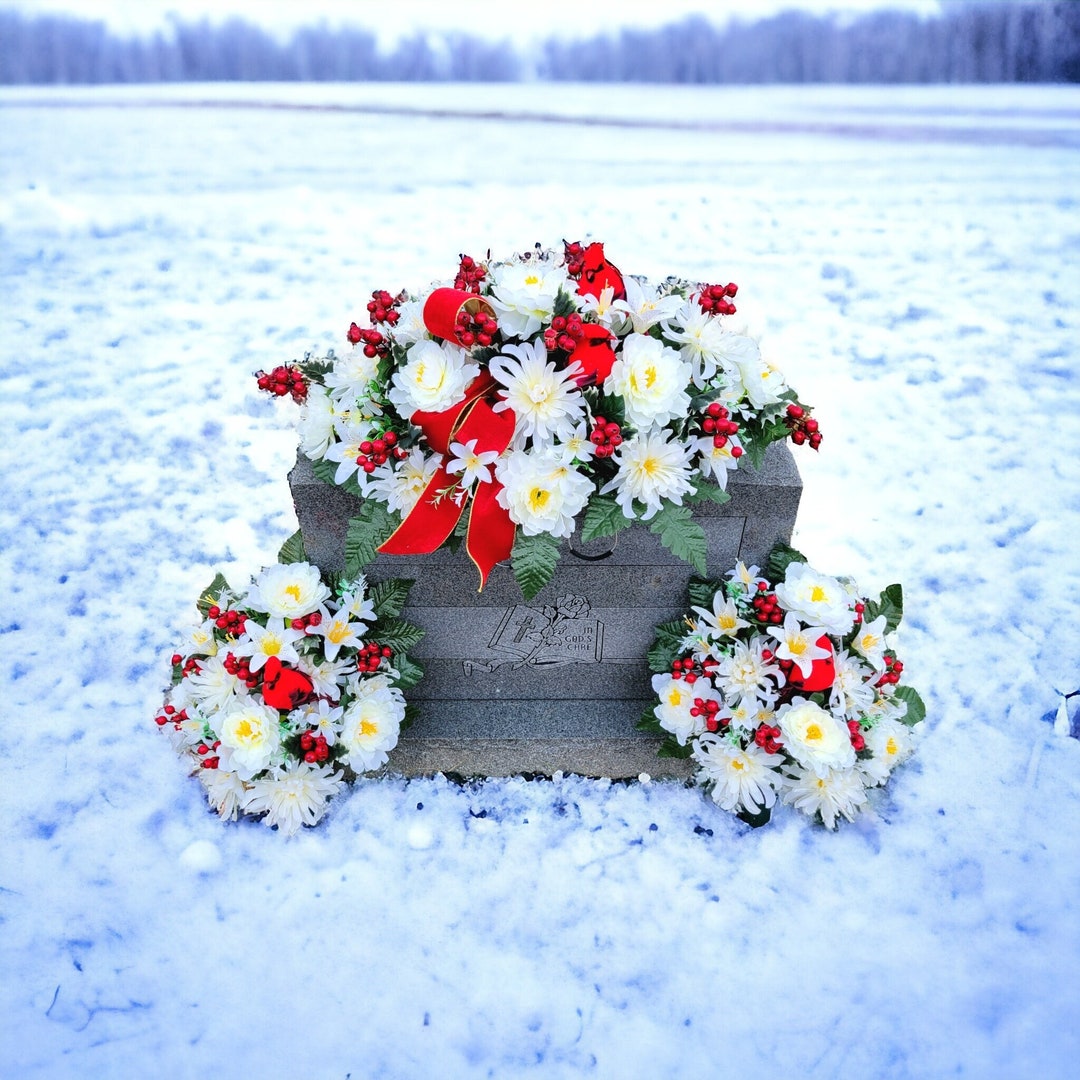 The Winter Headstone Set of 3 Has Silk Grave Flowers Including White ...