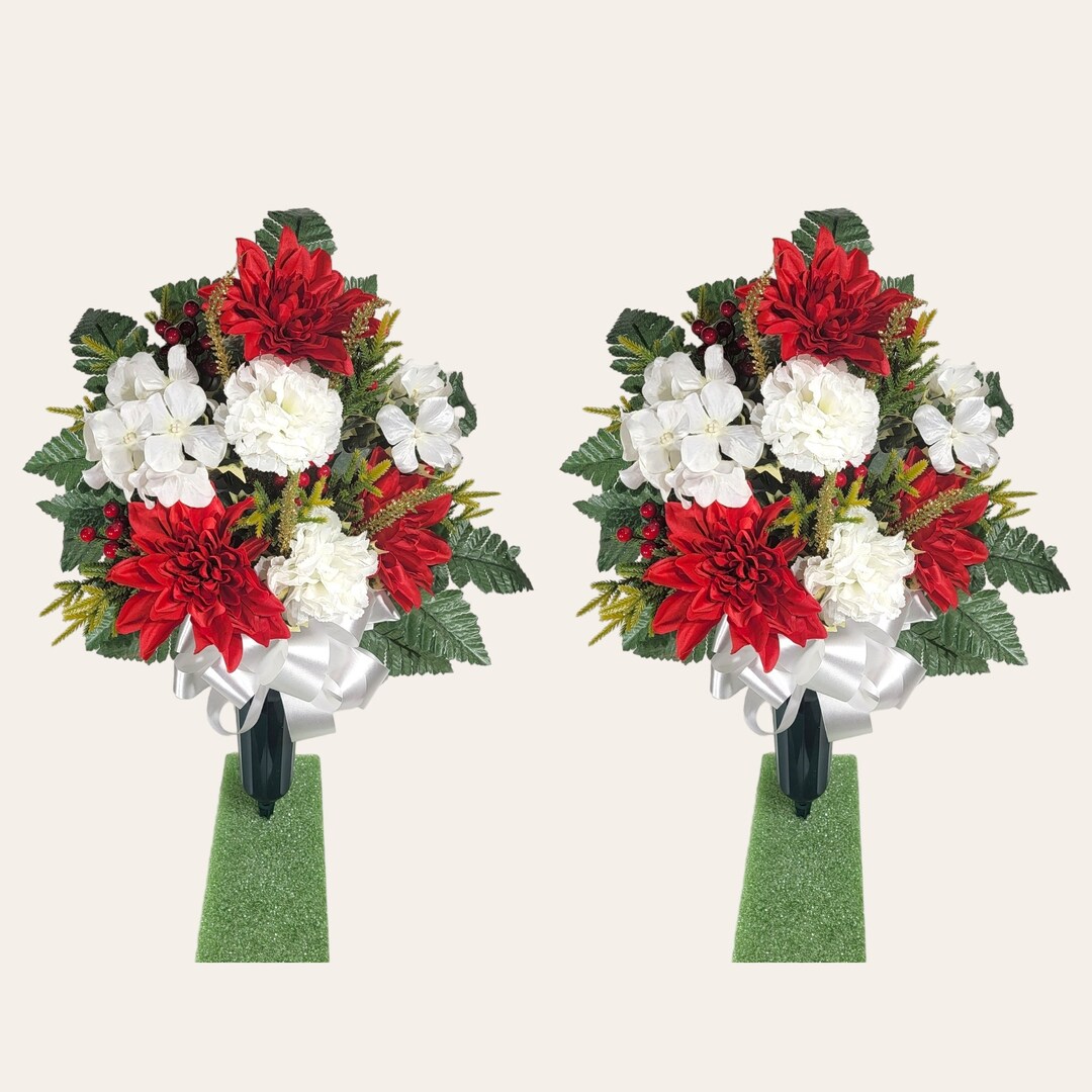 This Cemetery Cone Pair Has Red & White Dahlia, Hydrangea, and ...