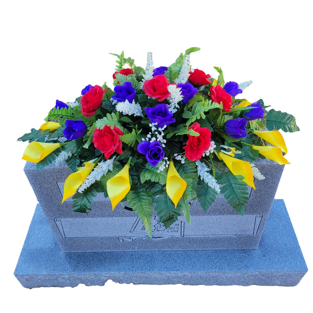 Calla Lily & Rose Headstone Saddle: Multi-colored Silk Cemetery Flowers ...