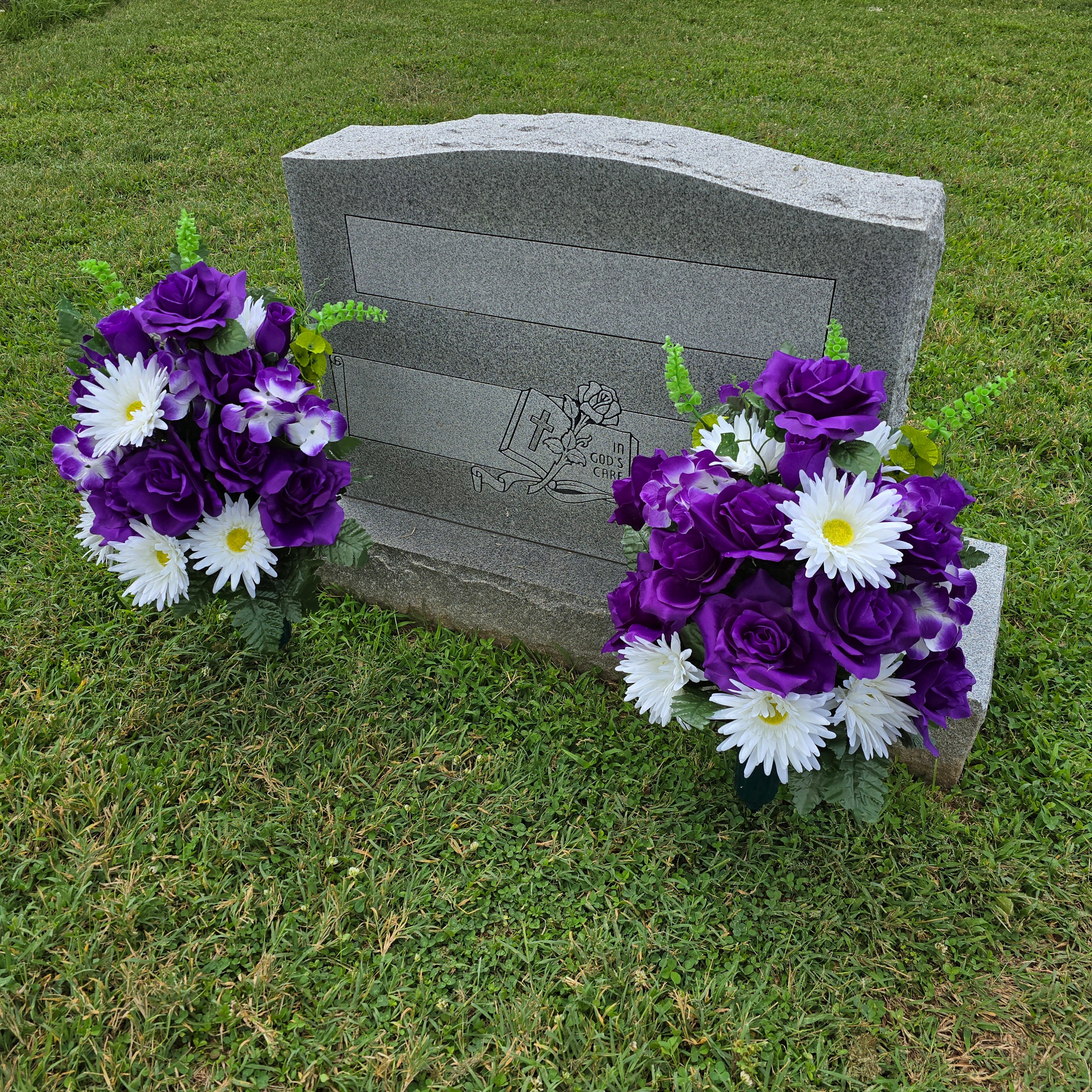 This Cemetery Cone Pair Has Purple Rose, White Gerbera Daisy ...